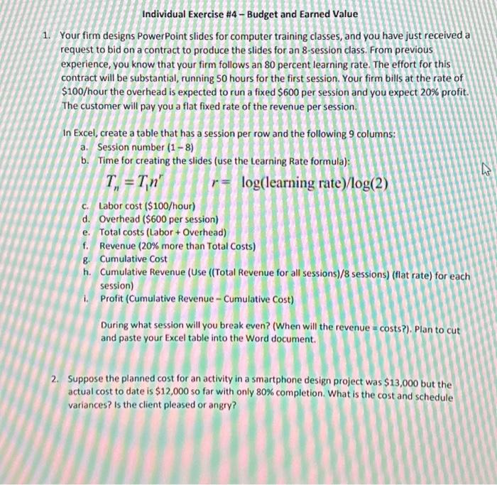 Solved Individual Exercise #4 - Budget and Earned Value Your | Chegg.com