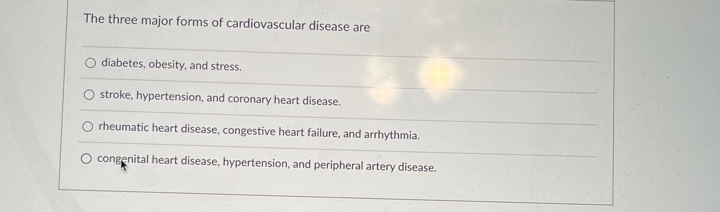 Solved The three major forms of cardiovascular disease | Chegg.com