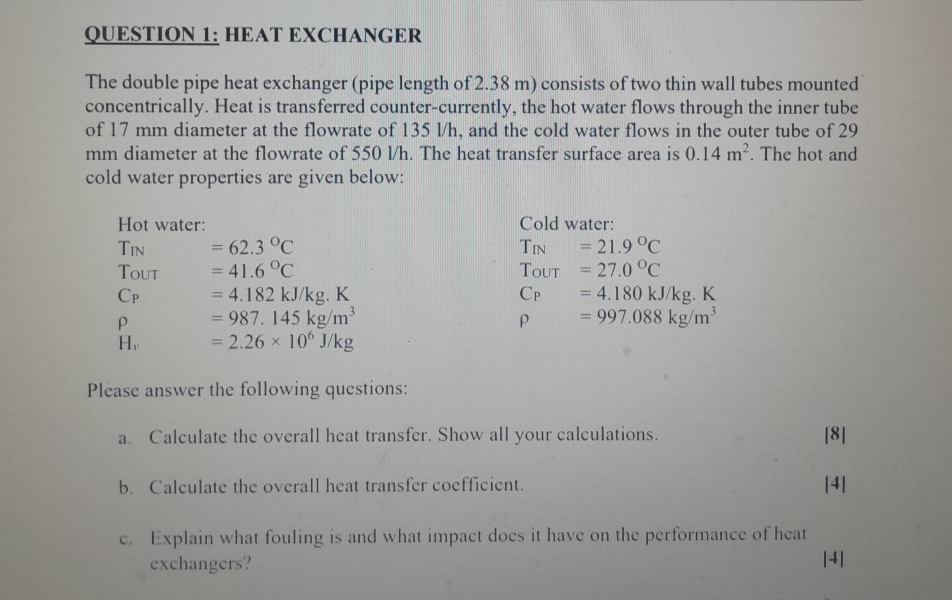 QUESTION 1: HEAT EXCHANGERThe double pipe heat | Chegg.com