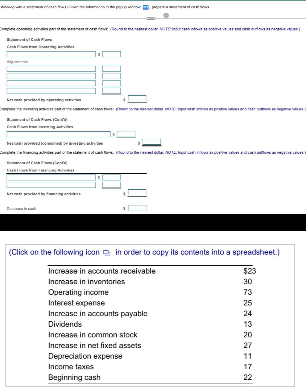 Solved Working with a statement of cash flows) ﻿Given the | Chegg.com