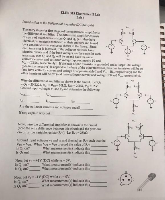 Ver V ELEN 315 Electronics II Lab Lab 4 Introduction | Chegg.com