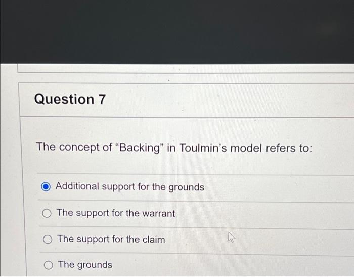 Question 7 The concept of "Backing" in Toulmin's | Chegg.com