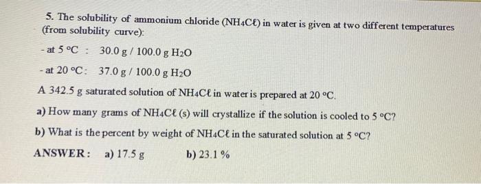 Solved 5. The solubility of ammonium chloride (NH4CE) in | Chegg.com