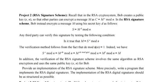 Solved Project 2 (RSA Signature Scheme): Recall that in the | Chegg.com