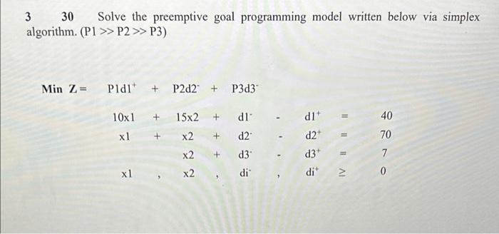 Solved 330 Solve the preemptive goal programming model | Chegg.com Solved 330 Solve the preemptive goal programming model | Chegg.com