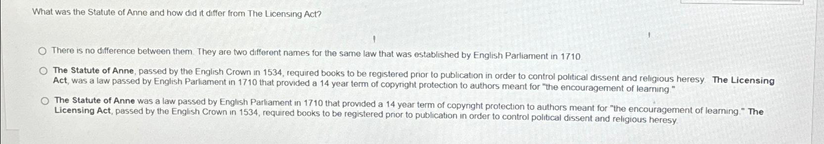 Solved What was the Statute of Anne and how did it differ | Chegg.com
