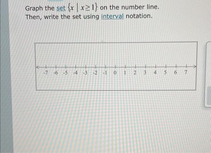 Solved Graph the set {x∣x≥1} on the number line. Then, write | Chegg.com