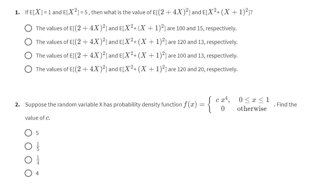Solved If E[x]=1 ﻿and E[x2]=5, ﻿then what is the value of | Chegg.com