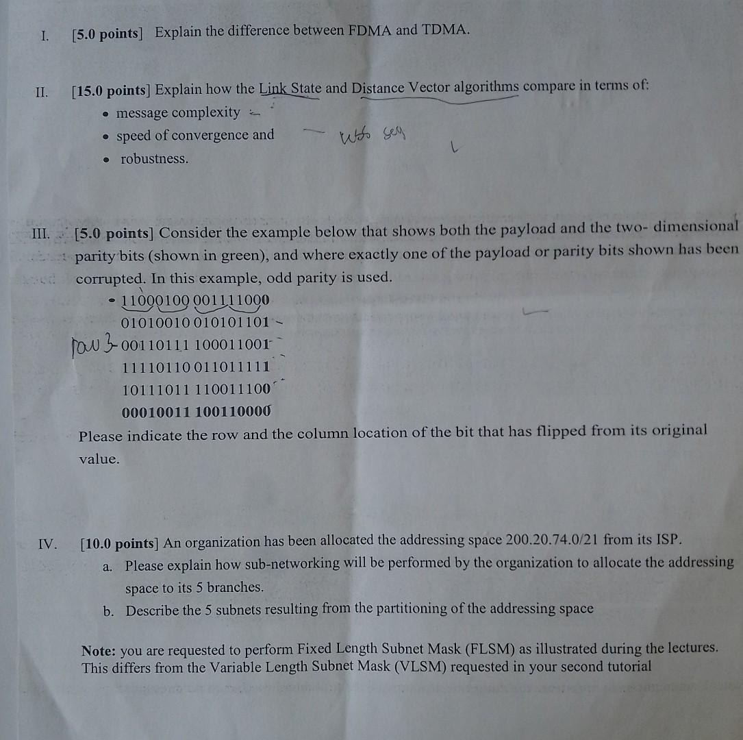 Solved I. [5.0 points ] Explain the difference between FDMA | Chegg.com