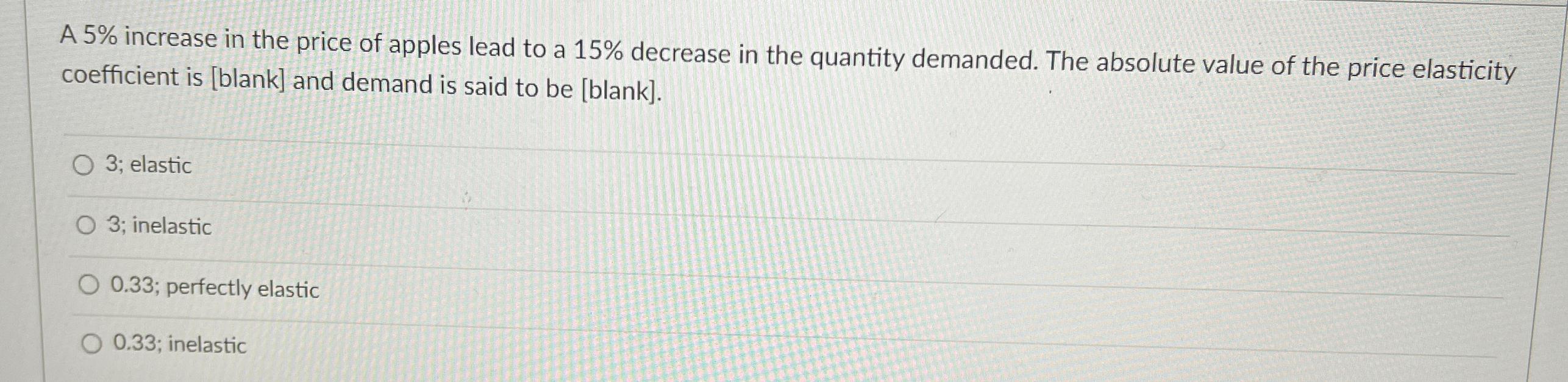 Solved A 5% ﻿increase in the price of apples lead to a 15% | Chegg.com