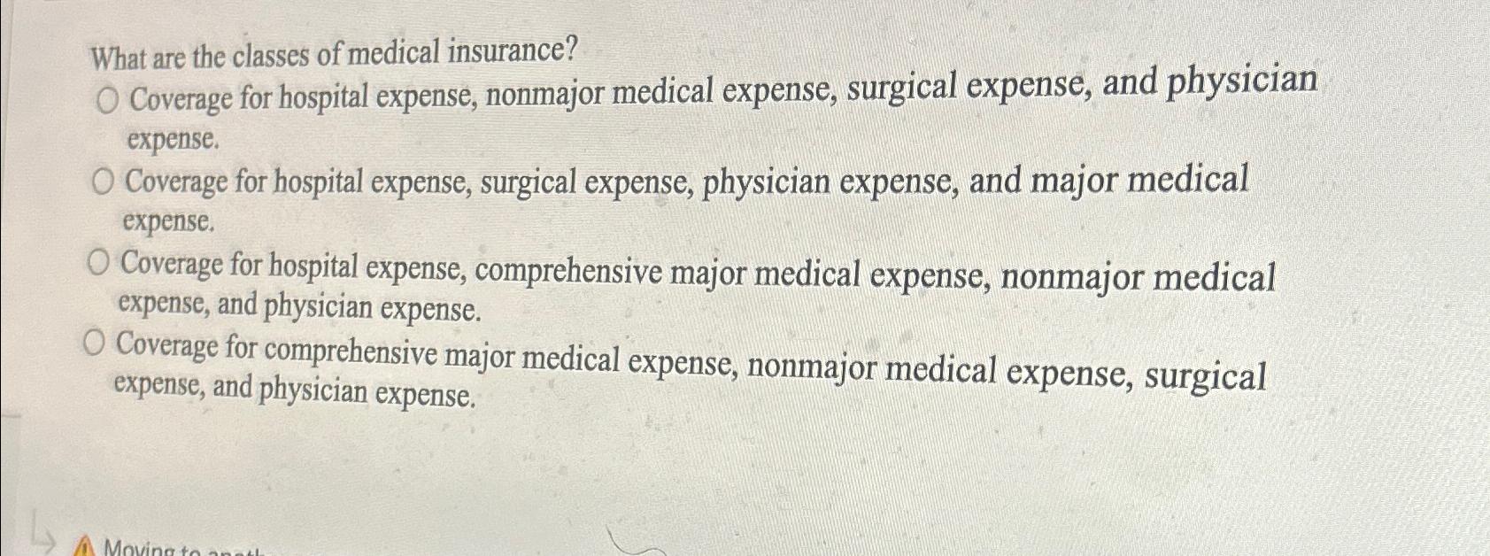 Solved What are the classes of medical insurance?\\nCoverage | Chegg.com