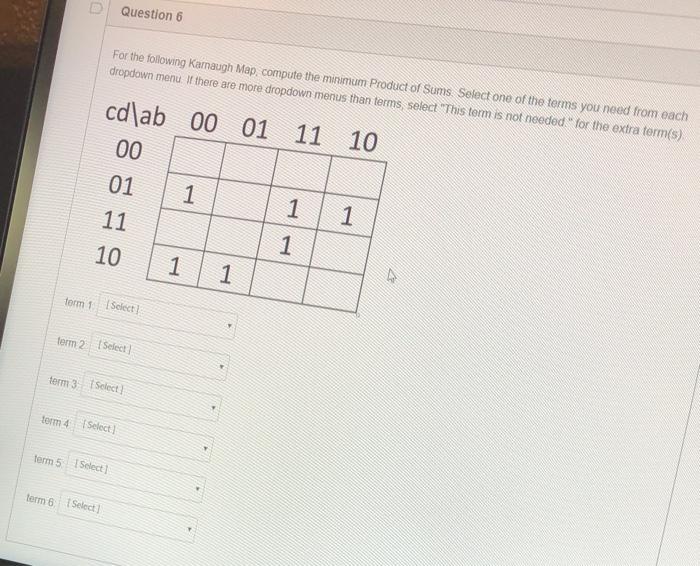 Solved Question 6 For the following Karnaugh Map, compute | Chegg.com