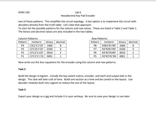 EENG 250 Lab 6 Hexadecimal Key Pad Encoder | Chegg.com