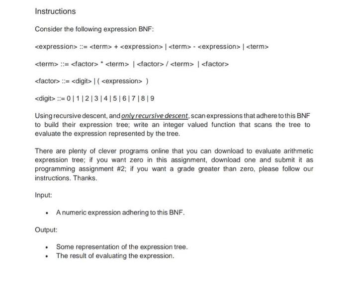 Solved Instructions Consider the following expression BNF: | Chegg.com