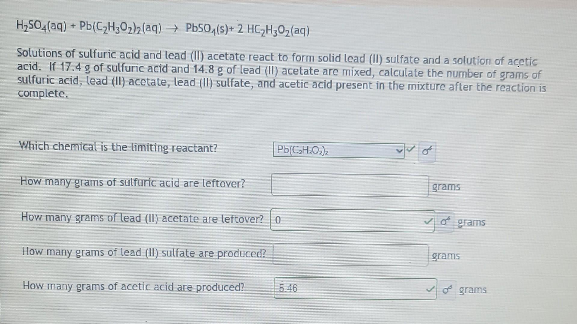 Solved H2SO4(aq)+Pb(C2H3O2)2(aq)→PbSO4( s)+2HC2H3O2(aq) | Chegg.com