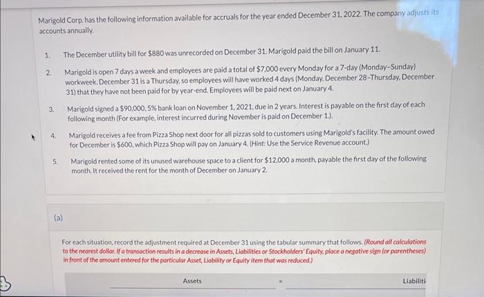 Solved Marigold Corp. has the following information | Chegg.com