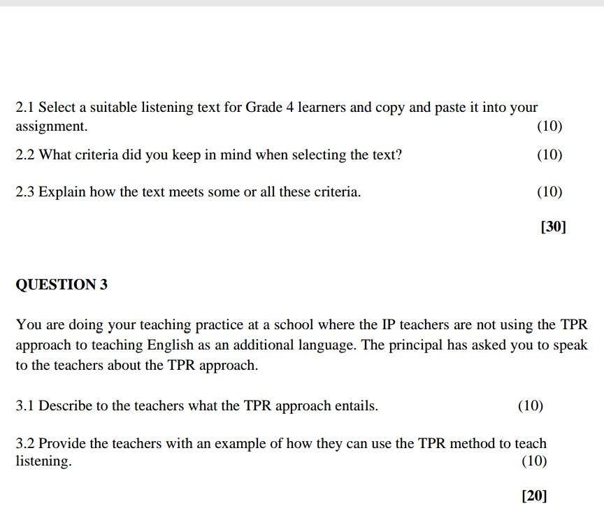 2.1 Select a suitable listening text for Grade 4 | Chegg.com