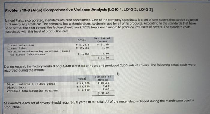Solved Problem 10-9 (Algo) Comprehensive Variance Analysis | Chegg.com