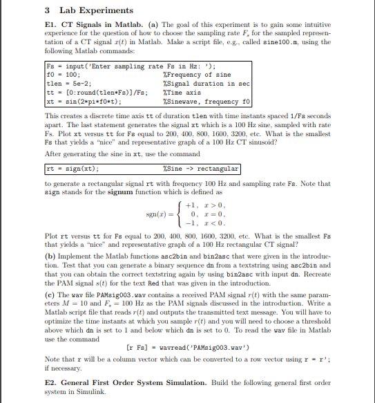 Solved 3 Lab Experiments E1. CT Signals in Matlab. (a) The | Chegg.com