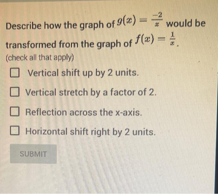 Solved Describe how the graph of g(x)=x−2 would be | Chegg.com