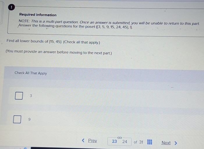 Solved Find all lower bounds of {15,45}. (Check all that | Chegg.com