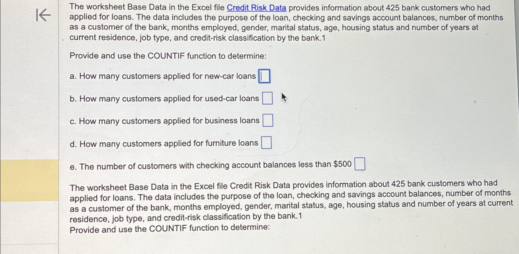 Solved The worksheet Base Data in the Excel file Credit Risk | Chegg.com