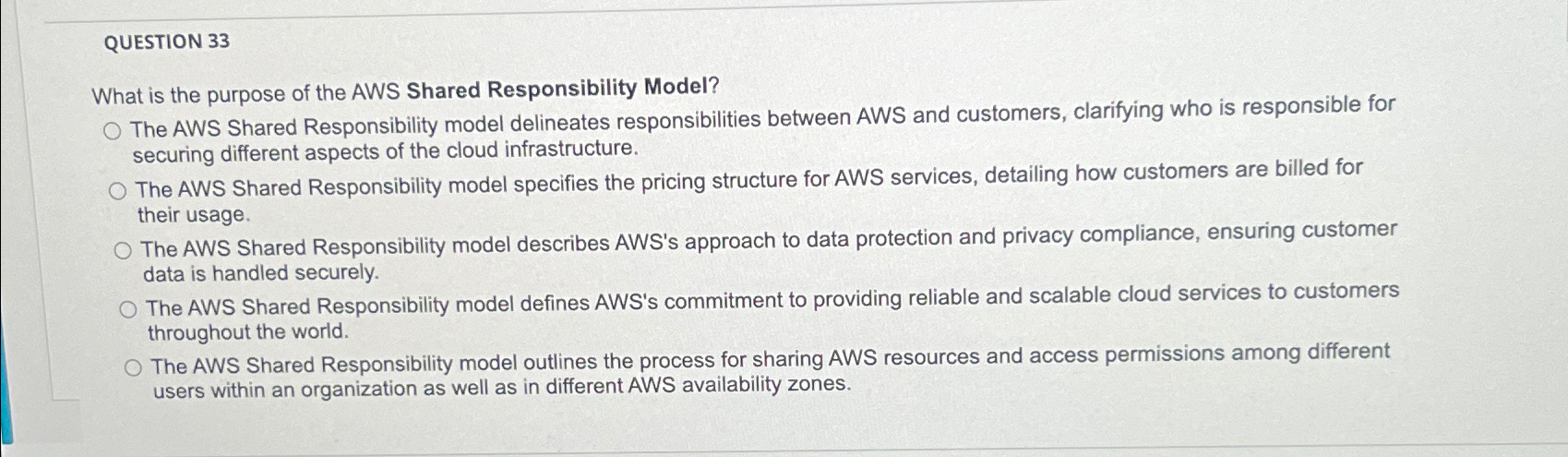 Solved QUESTION 33What is the purpose of the AWS Shared | Chegg.com