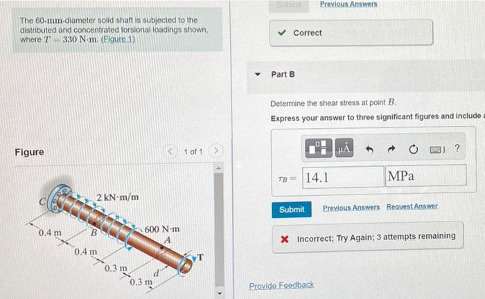 Solved Sim Previous Answers The 60-mm-diameter solid shaft | Chegg.com