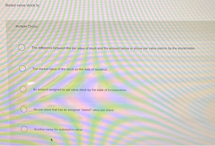 Solved Stated value stock is Multiple Choice The difference | Chegg.com