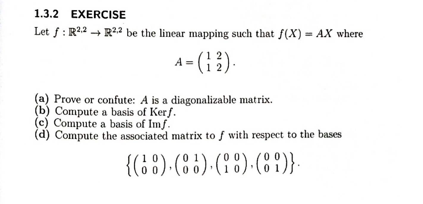 Solved 1.3.2 ﻿EXERCISELet f:R2,2→R2,2 ﻿be the linear mapping | Chegg.com