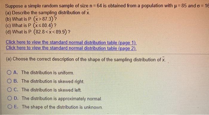 Solved Suppose a simple random sample of size n=64 is | Chegg.com