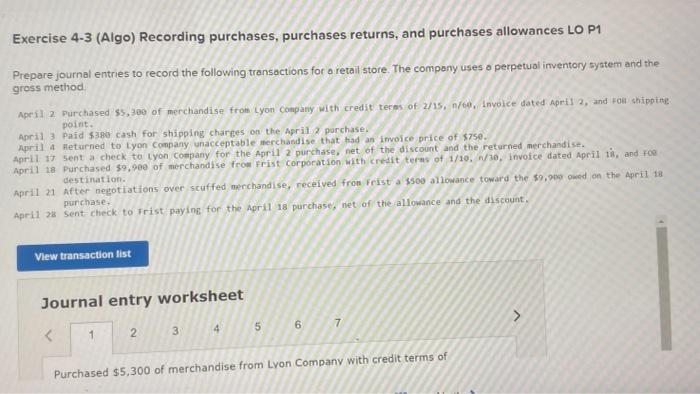 Solved Exercise 4-3 (Algo) Recording purchases, purchases | Chegg.com