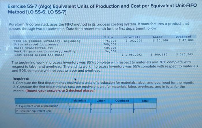Solved Exercise 5S-7 (Algo) Equivalent Units of Production | Chegg.com