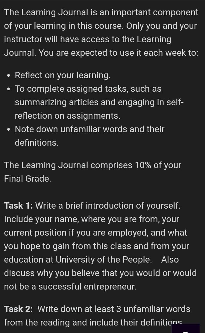 Solved The Learning Journal is an important component of | Chegg.com