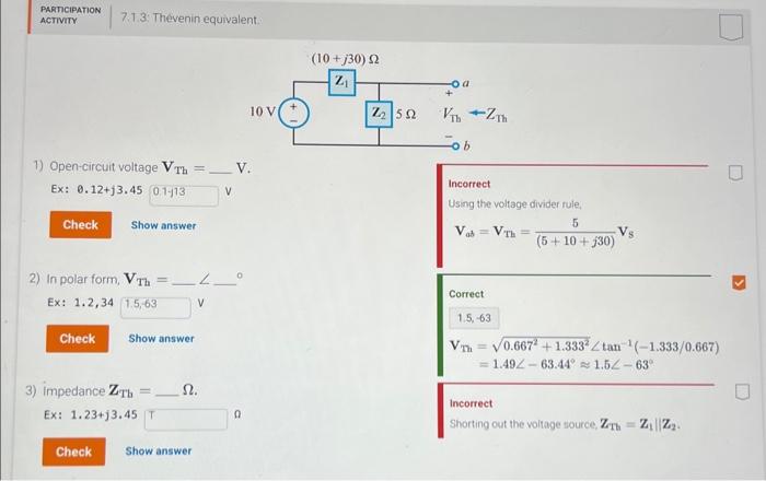 Solved 1) Open-circuit voltage VTh=V. Ex: 0.12+j3.45 | Chegg.com