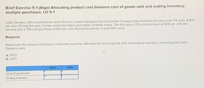 Solved Brief Exercise 5-1 (Algo) Allocating product cost | Chegg.com