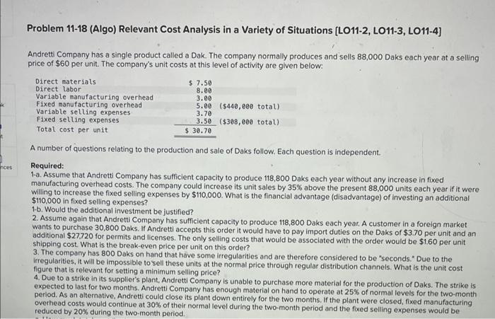 Solved Problem 11-18 (Algo) Relevant Cost Analysis in a | Chegg.com