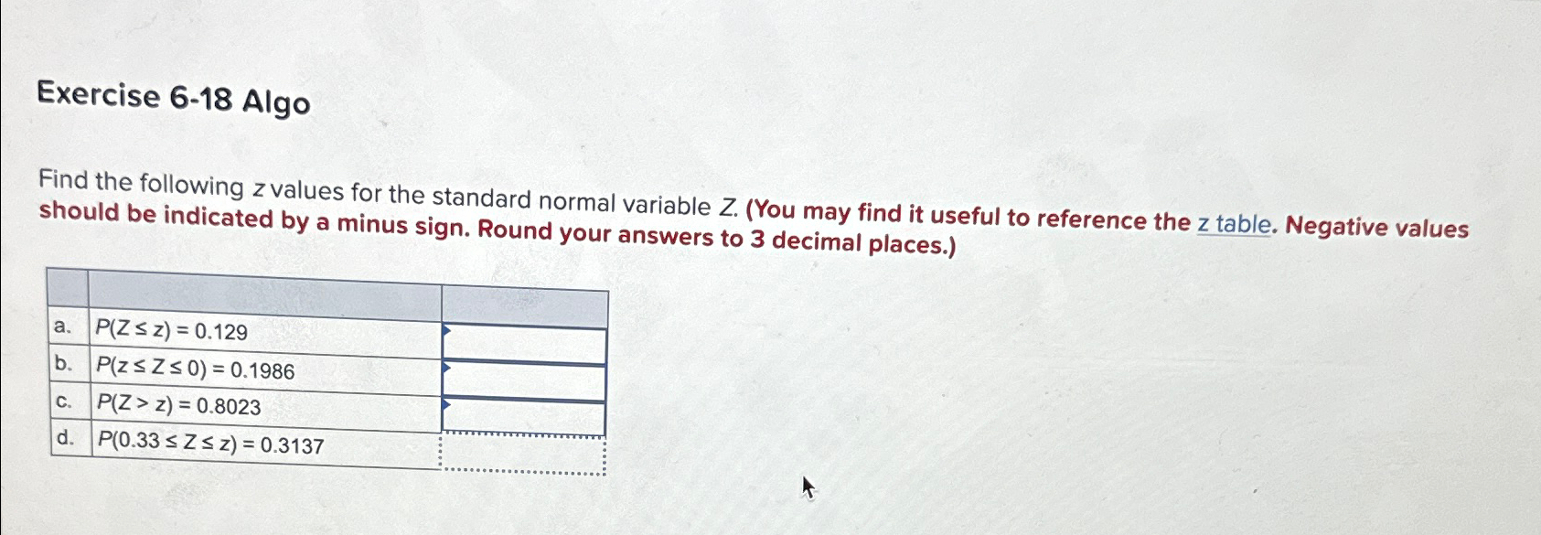 Solved Exercise 6-18 ﻿AlgoFind the following z ﻿values for | Chegg.com