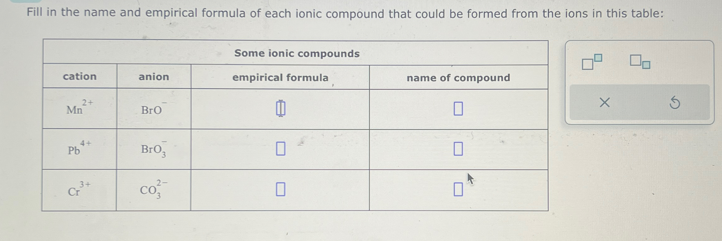 Solved Fill in the name and empirical formula of each ionic | Chegg.com