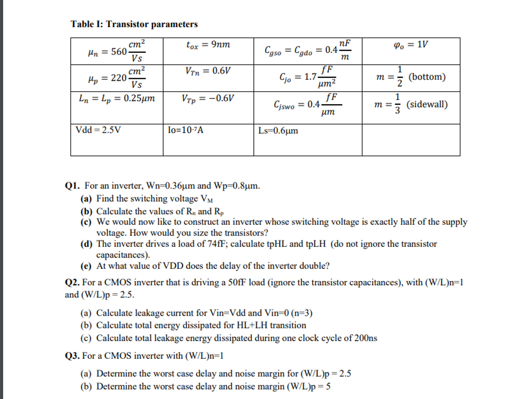 Solved Table I: Transistor parameters\table[[\mu | Chegg.com