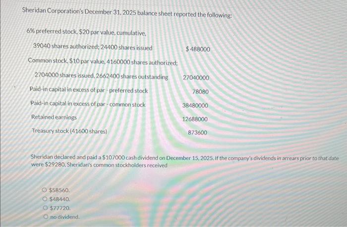 Solved Sheridan Corporation's December 31,2025 balance sheet | Chegg.com Solved Sheridan Corporation's December 31,2025 balance sheet | Chegg.com