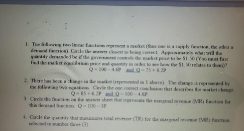 Solved 1. The following two linear functions represent a | Chegg.com