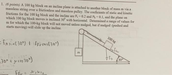 Solved 1. ( 6 points) A 100 kg block on an incline plane is | Chegg.com