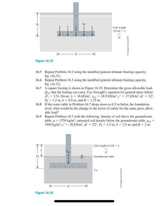 Solved 16.10 A square footing (B X B) must carry a gross | Chegg.com