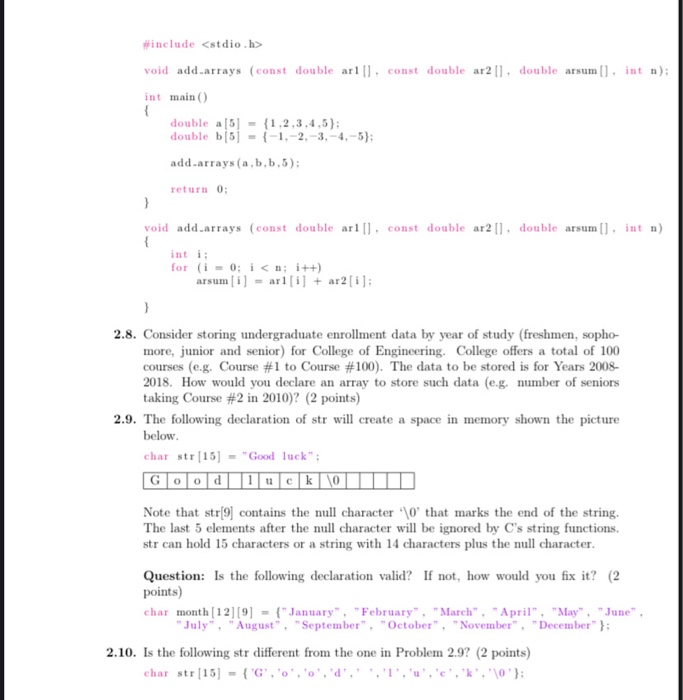 Solved Problem 2. Arrays and string basics in C (20 points). | Chegg.com