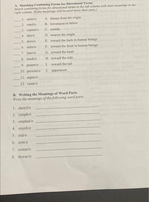 Solved A. Matching Combining Forms for Directional Terms | Chegg.com