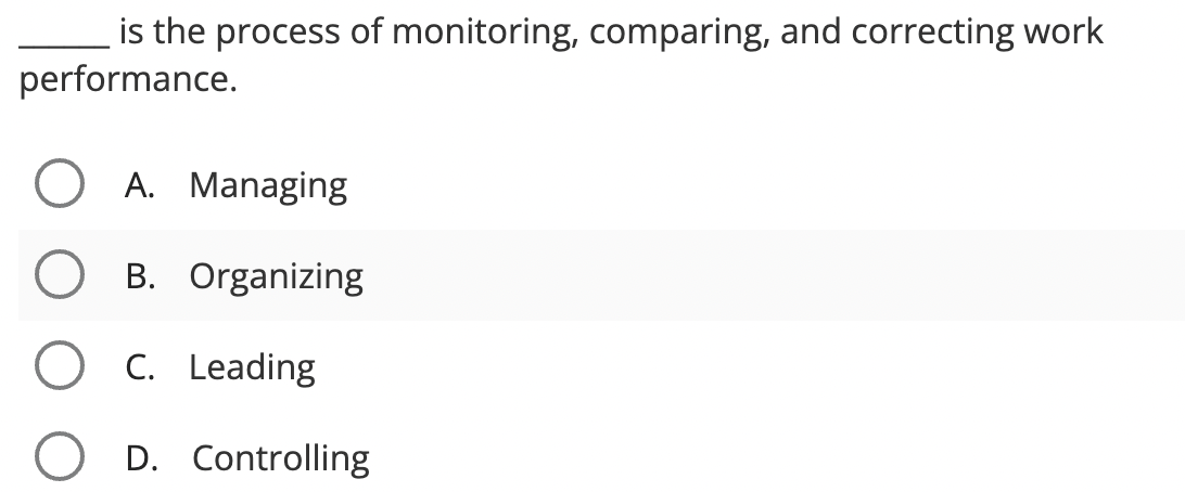 Solved is the process of monitoring, comparing, and | Chegg.com