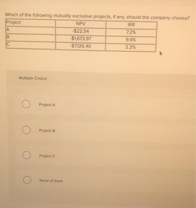 Solved Which of the following mutually exclusive projects, | Chegg.com