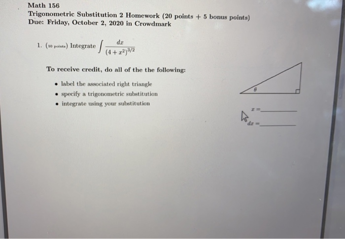 Solved Math 156 Trigonometric Substitution 2 Homework (20 | Chegg.com