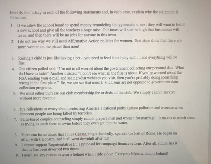 Solved Identify the fallacy in each of the following | Chegg.com